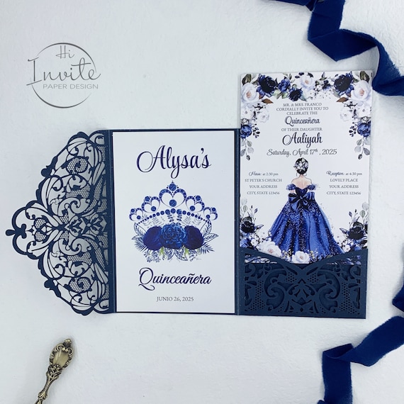 Elegant Navy Laser Cut Floral Mis XV Años Tri-fold Invitation - Etsy