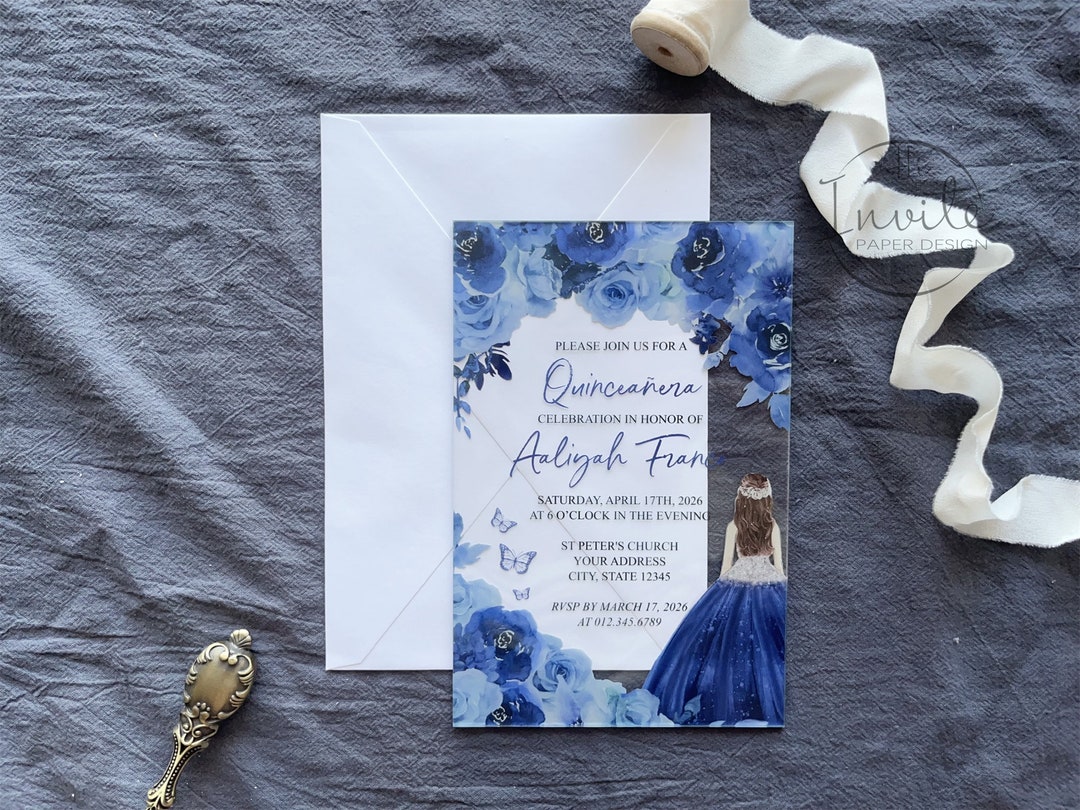 Navy Blue Floral Quinceanera Acrylic Invitation: XV Anos - Etsy