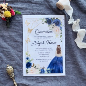 Navy Blue Floral Quinceanera Invitation, Customized Acrylic Invites for ...