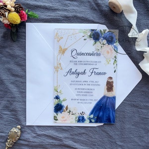 Navy Blue Floral Quinceanera Invitation, Customized Acrylic Invites for ...
