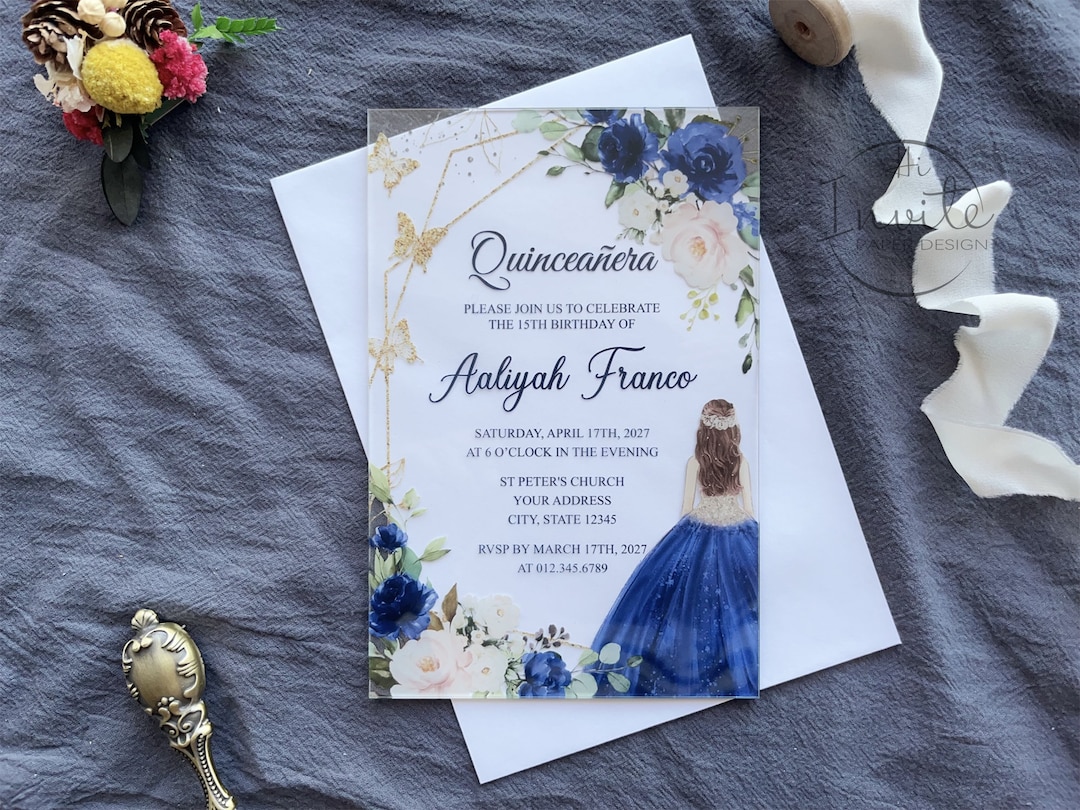 Navy Blue Floral Quinceanera Invitation, Customized Acrylic Invites for ...