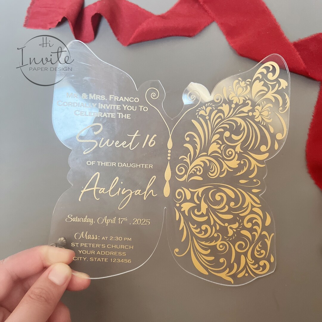 Gold Butterfly Quinceañera Acrylic Invitation, Elegant Butterfly Clear ...