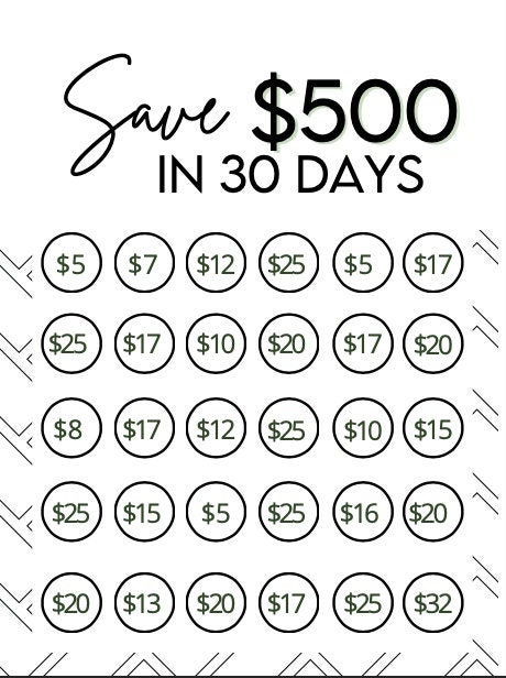 Save Five Hundred Dollars in 30 Days Savings Tracker Money Goals ...
