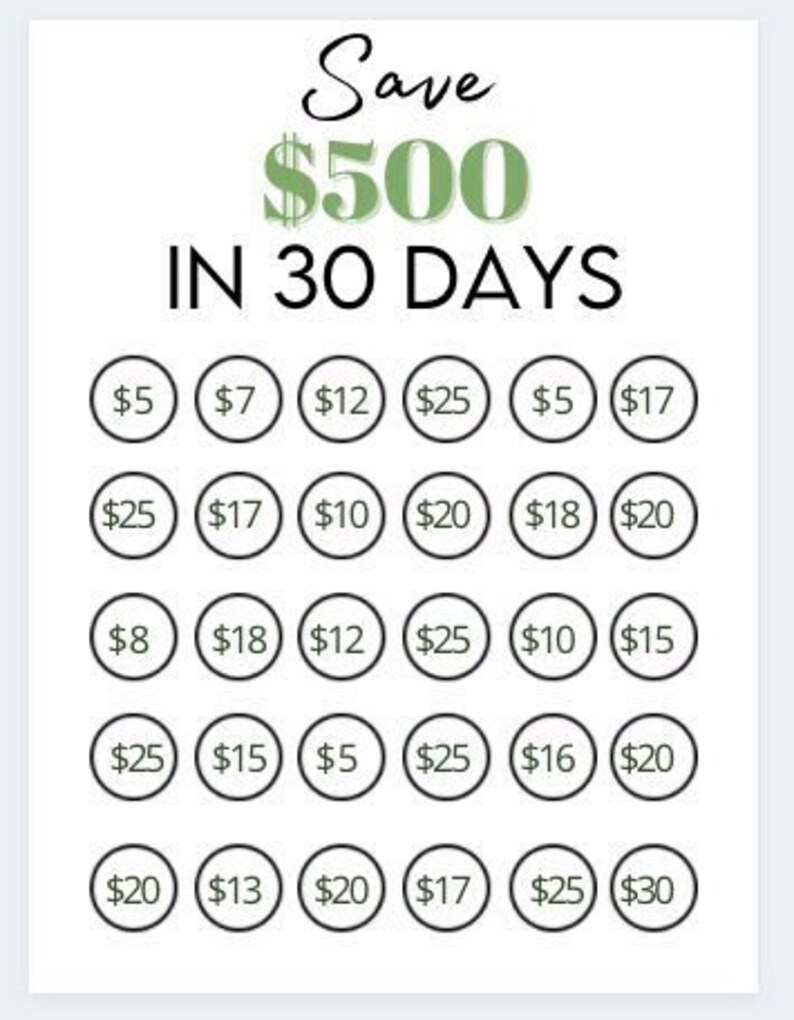 Save Five Hundred Dollars in 30 Days Savings Tracker| Money Goals ...