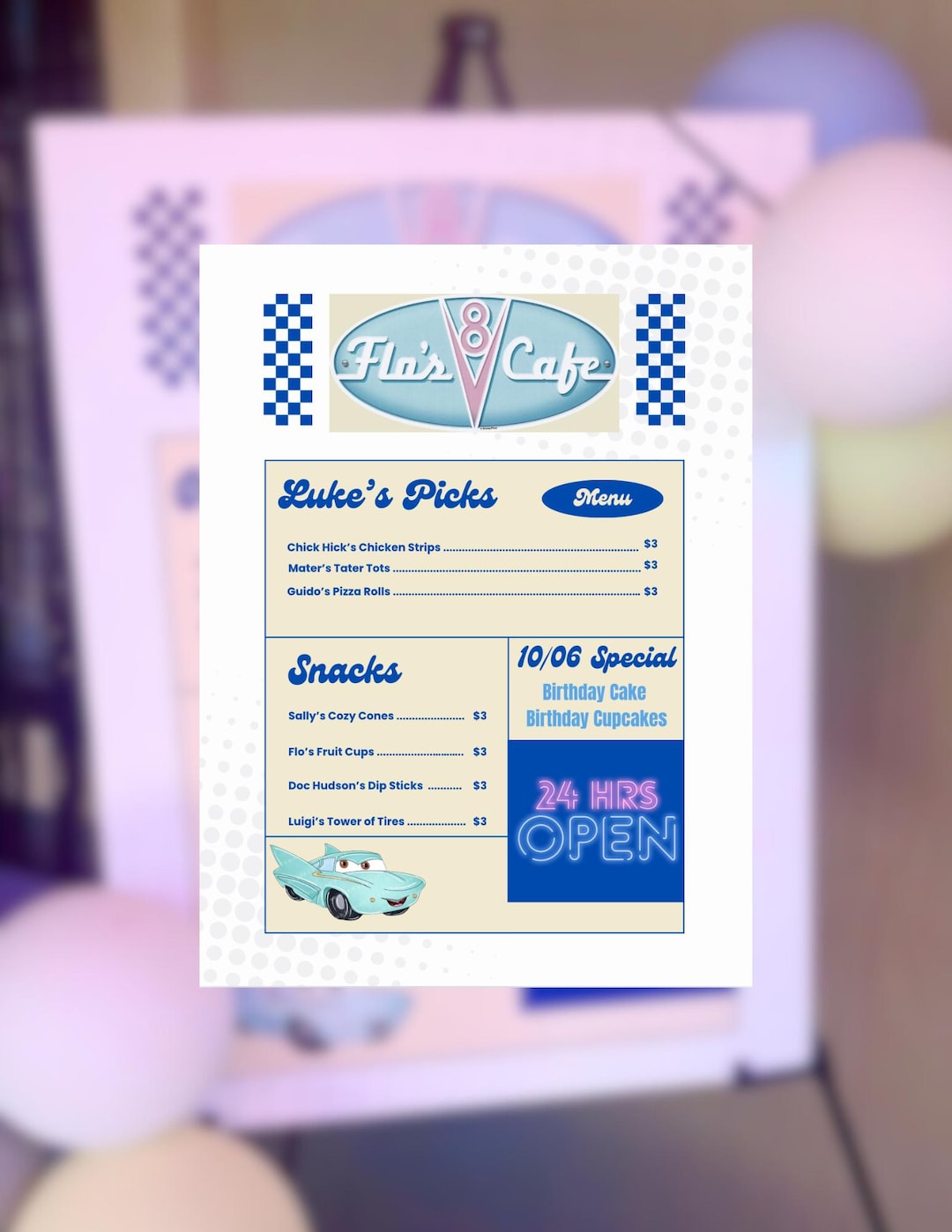 Pixar Cars Birthday Party Menu Template: Flo's Cafe Editable Sign (PDF ...