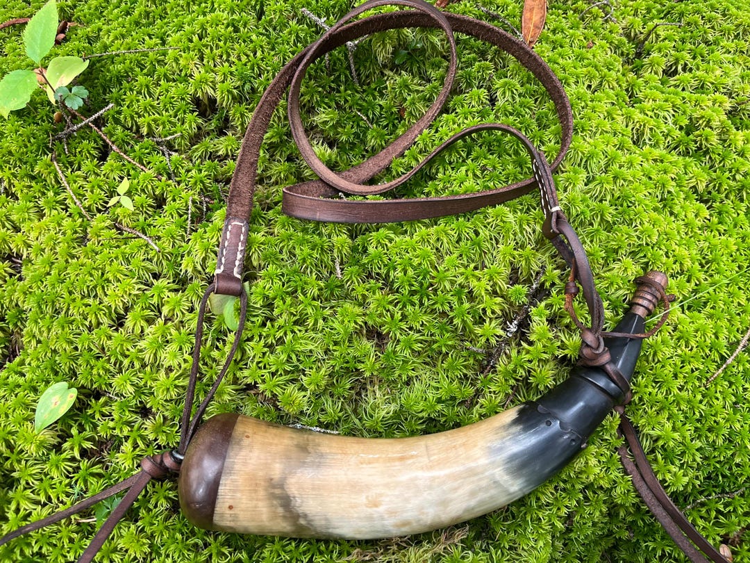 Leather Powderhorn Strap, Handstitched With Linen - Etsy