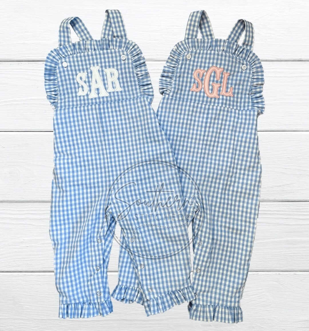 Eloise Applique Monogram Ruffle Gingham Overalls - Etsy