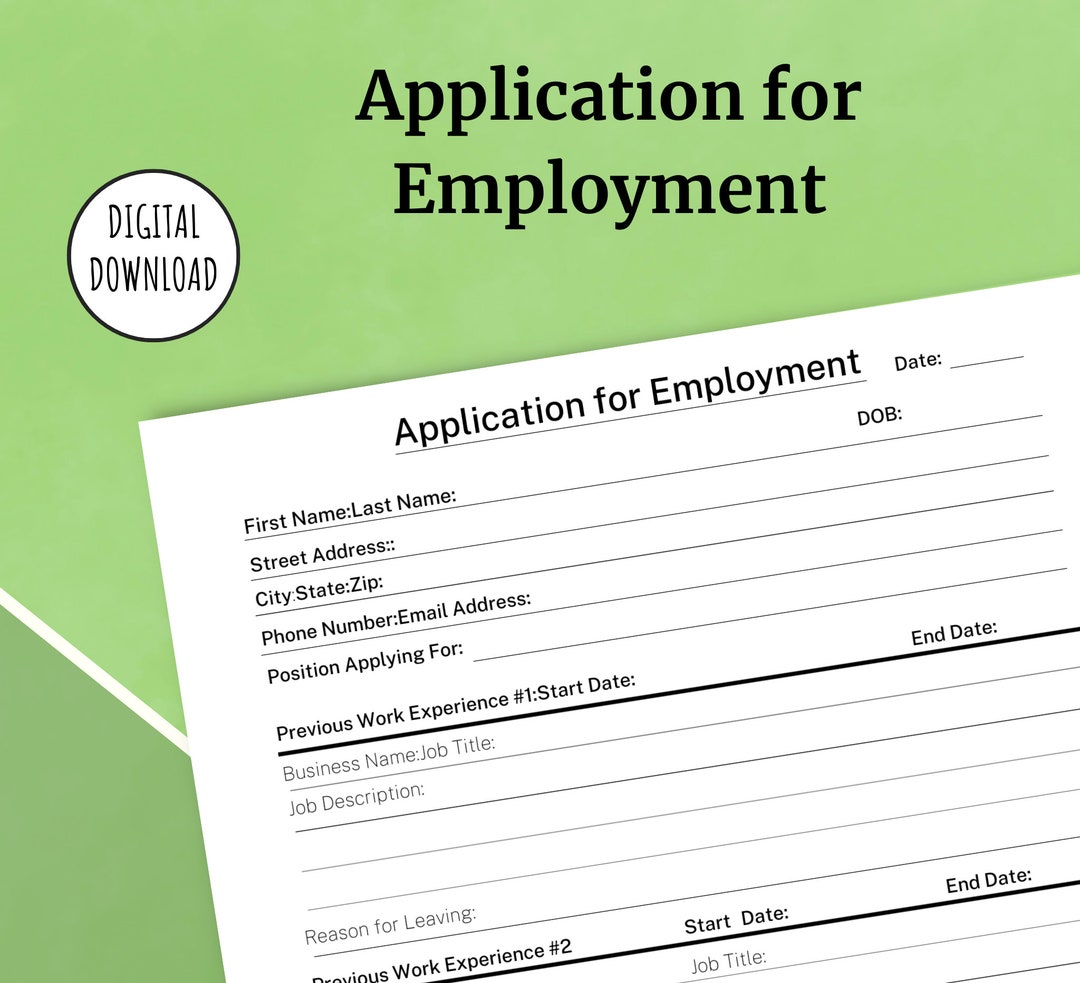 Application for Employment Printable, Job Application, Digital File ...
