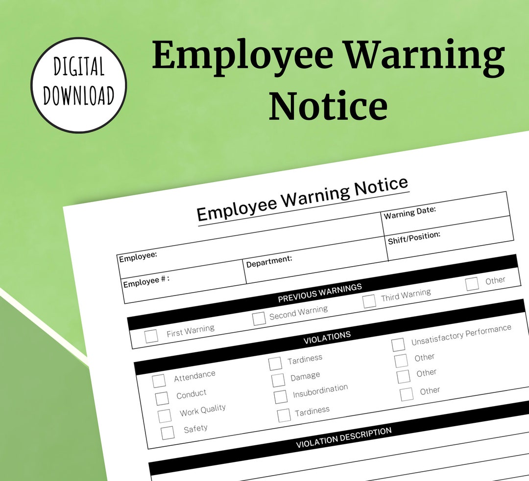 Employee Warning Notice Printable, Small Business, Digital File ...