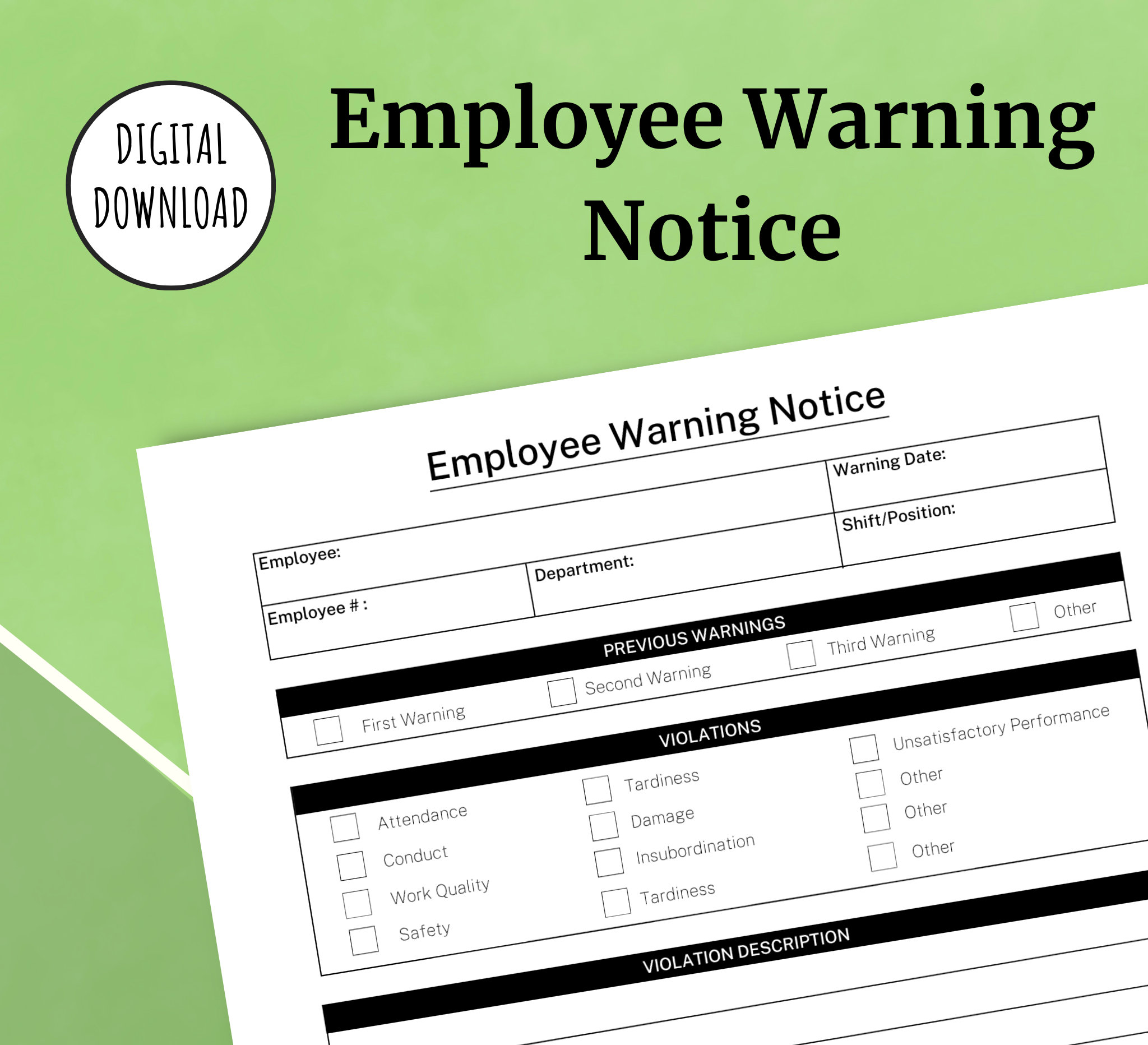 Employee Warning Notice Printable, Small Business, Digital File ...