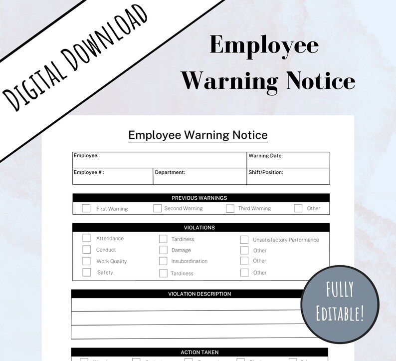 Employee Warning Notice Printable, Small Business, Digital File ...
