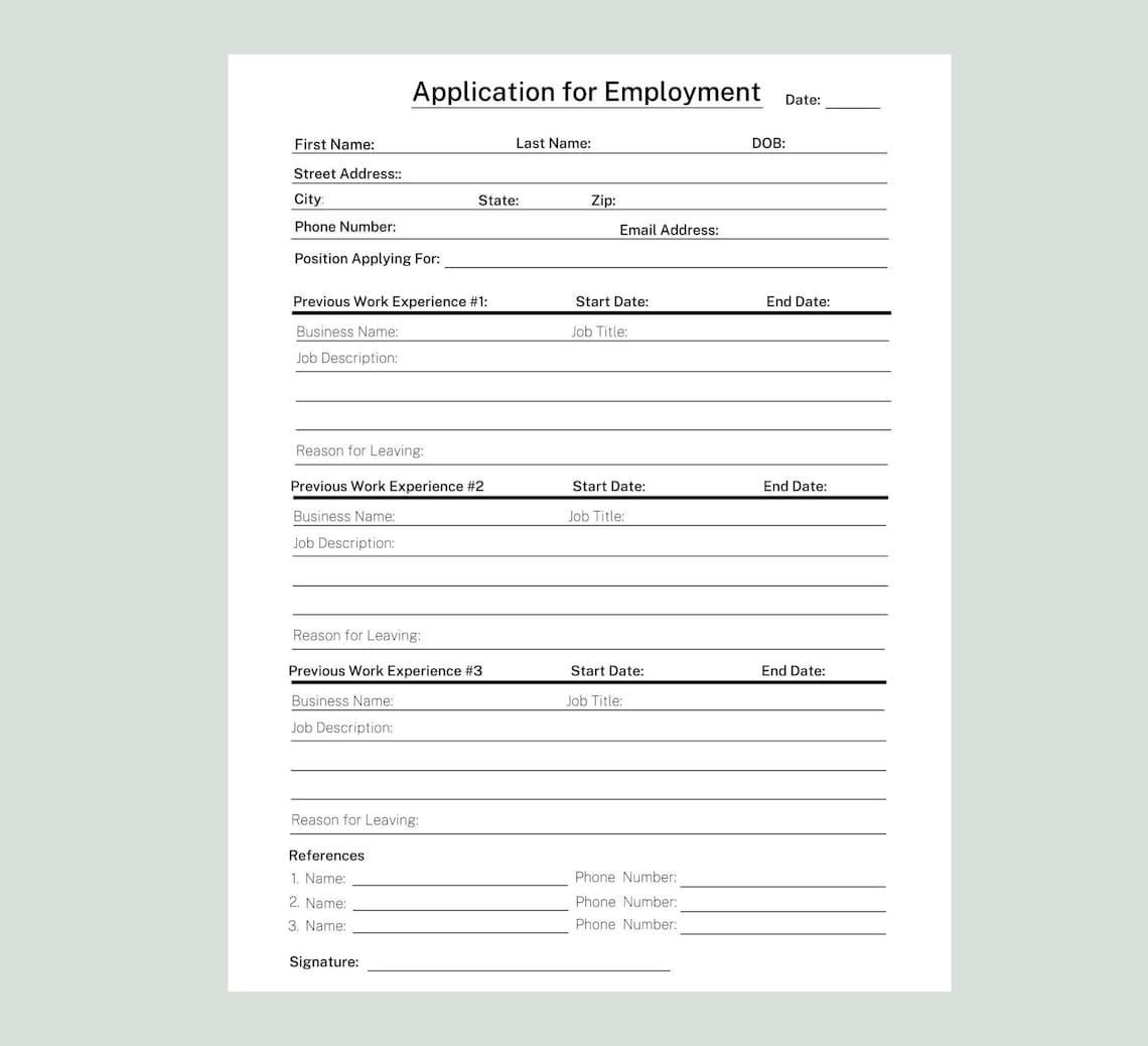 Application for Employment Printable Job Application Digital - Etsy
