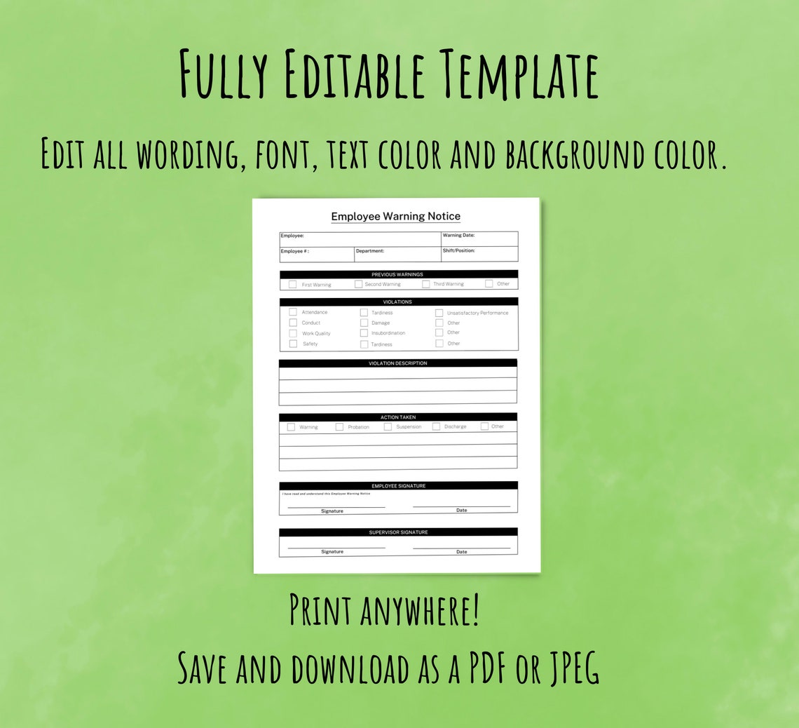 Employee Warning Notice Printable, Small Business, Digital File ...
