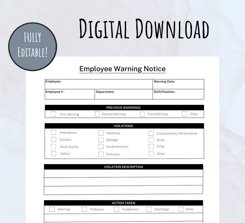 Employee Warning Notice Printable, Small Business, Digital File ...