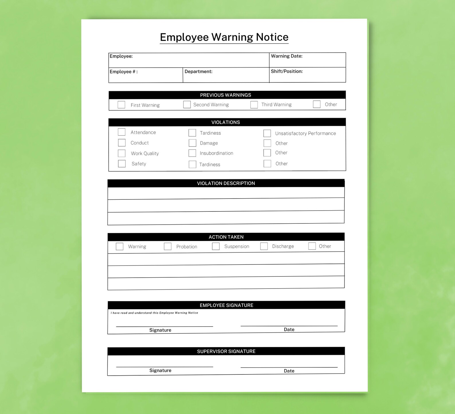 Employee Warning Notice Printable, Small Business, Digital File ...