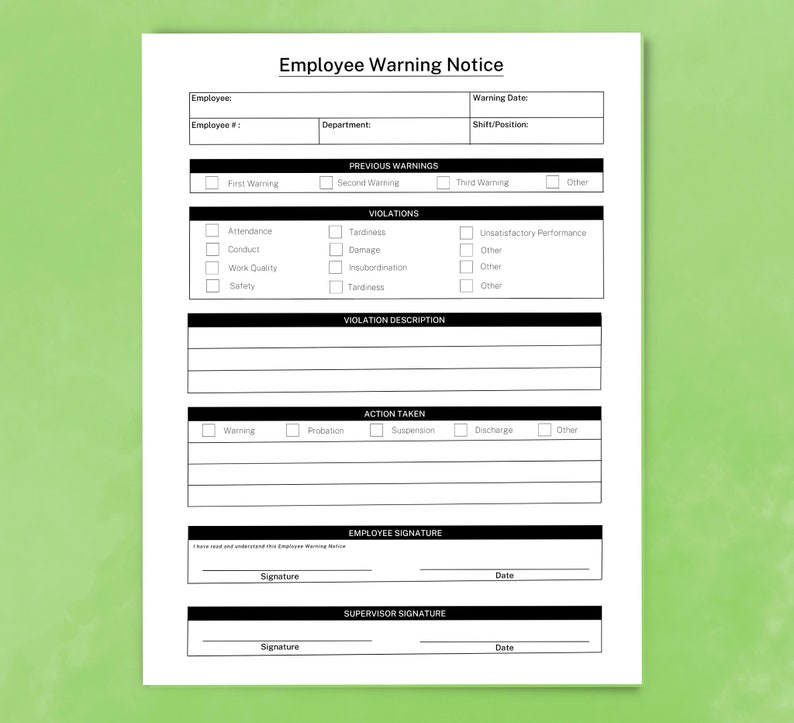 Employee Warning Notice Printable, Small Business, Digital File ...