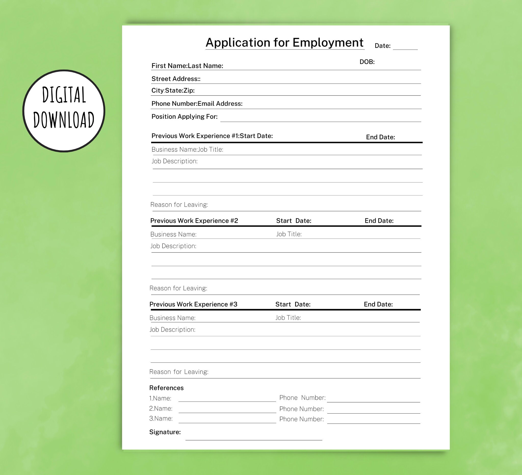 Application for Employment Printable, Job Application, Digital File ...