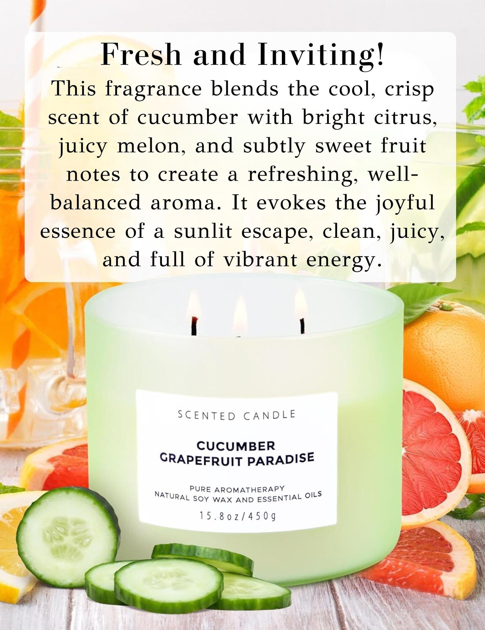 Cucumber Grapefruit Paradise 3-wick Scented Candle for Home, Soy Candle ...