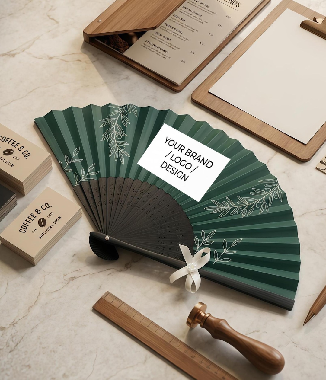 Corporate Hand Fan With Logo for Business Events, Green Botanical ...