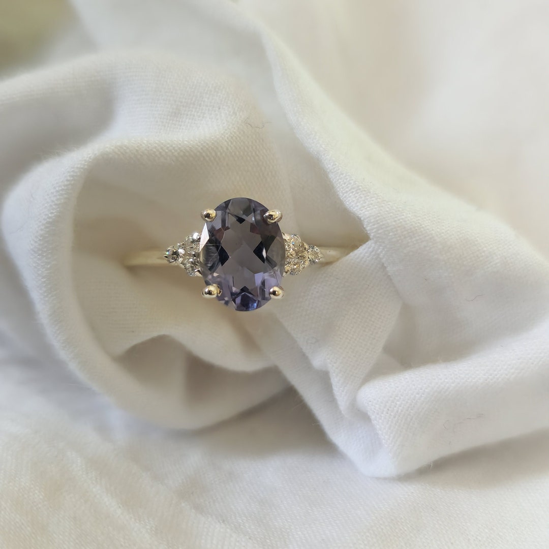 Natural Iolite Engagement Ring: Vintage Sterling Silver, AAA CZ Accents ...