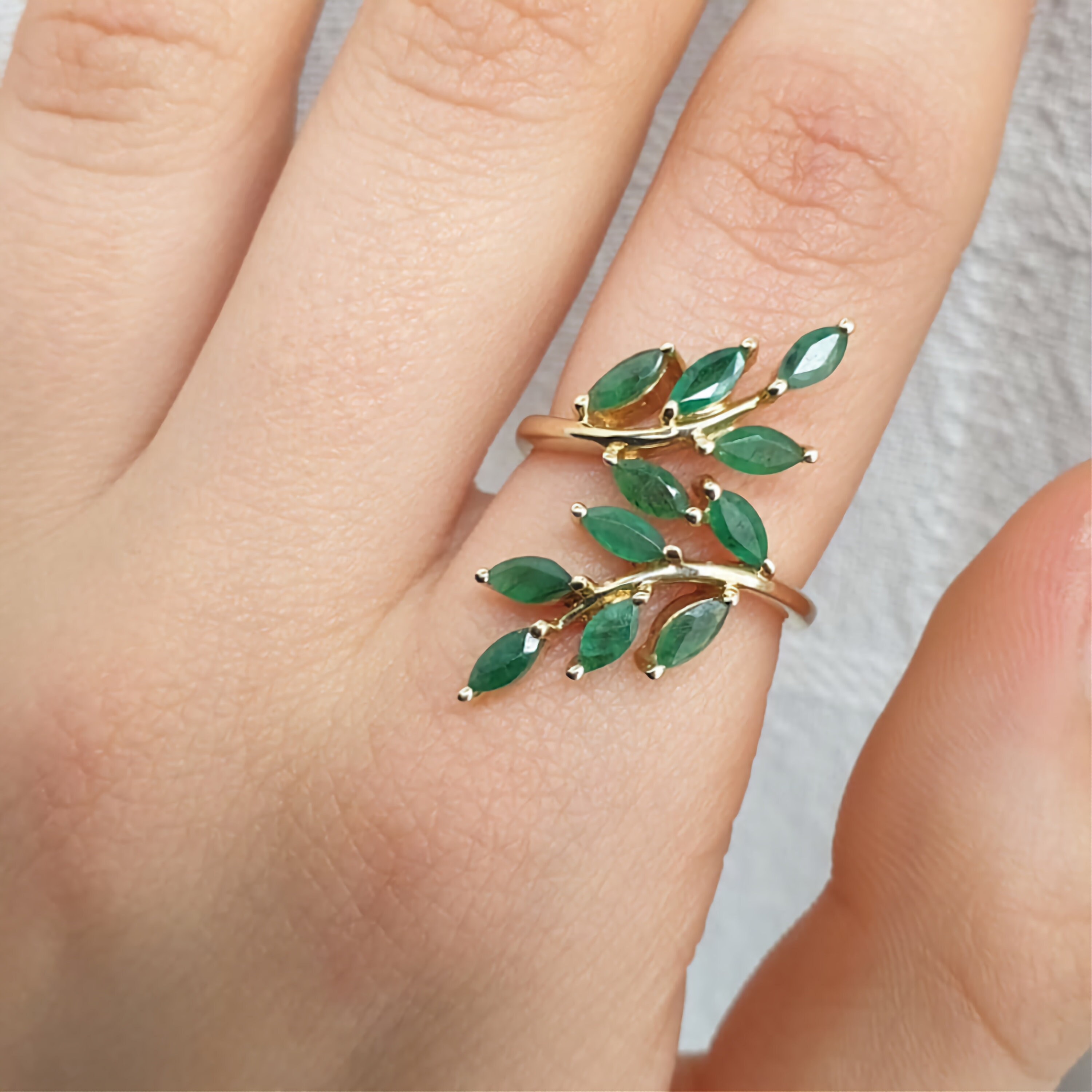 Natural Emerald Statement Ring Marquise Emerald Leaf Ring 925 Sterling ...