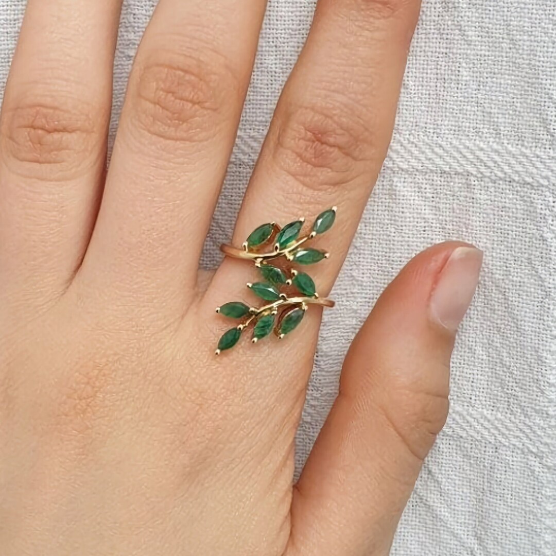 Natural Emerald Statement Ring Marquise Emerald Leaf Ring 925 Sterling ...