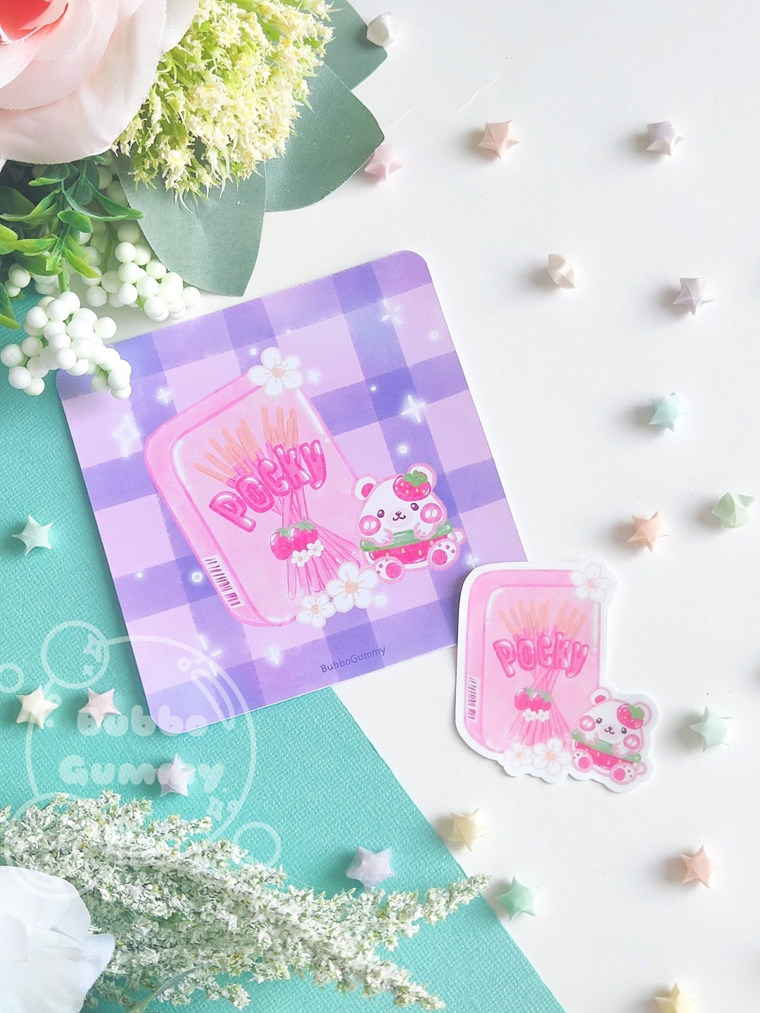 Art Print and Sticker Set Pocky Strawberry Bear | Cute Pastel | Kawaii ...
