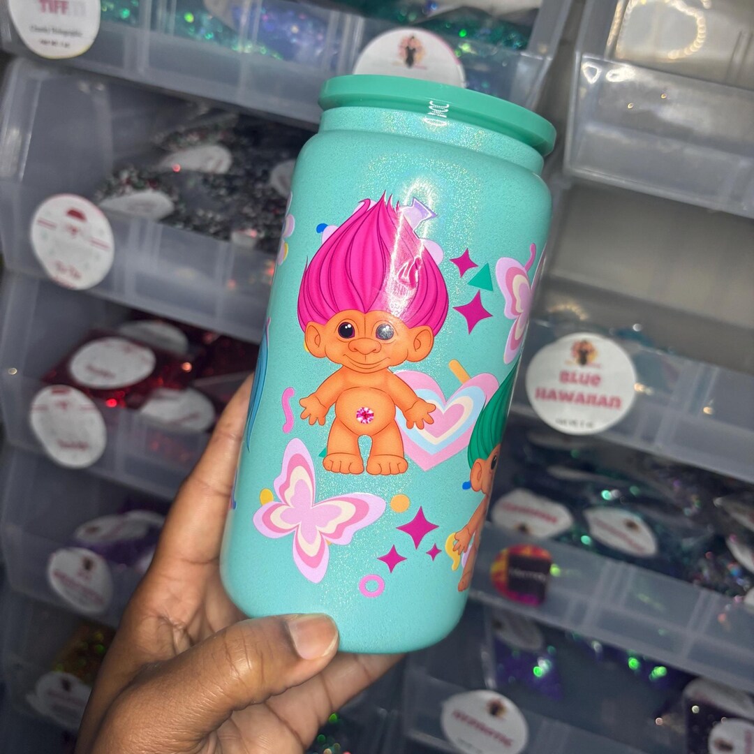 Trollz Shimmer Glass Cup With Pink Hair and Butterfly Design for Kids ...