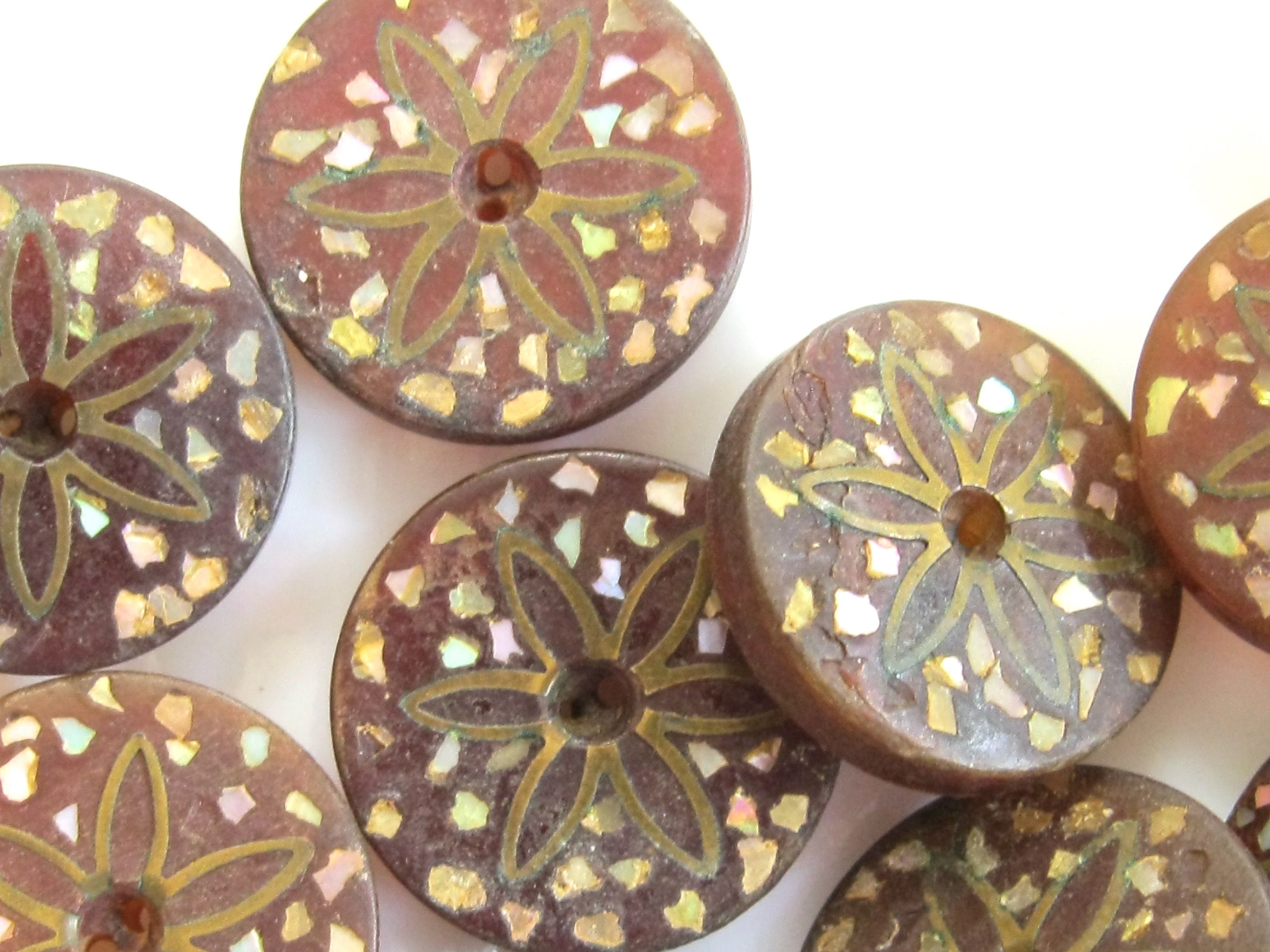 Antique French Pressed Horn Buttons - With Brass Flower and Shell ...