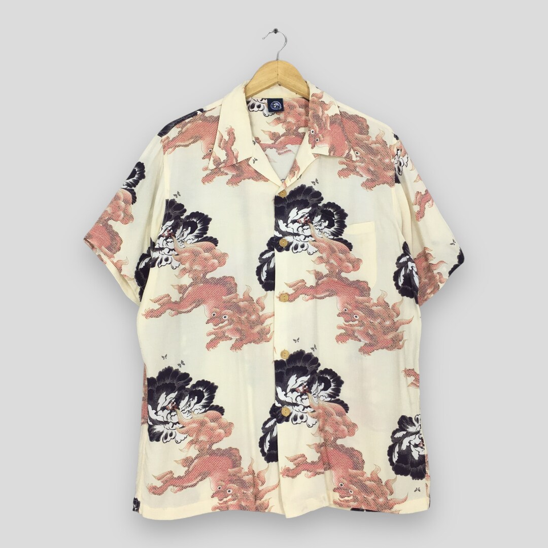 Vintage 90s Hawaiian Japanese Thunder God Raijin Rayon Shirt Large ...