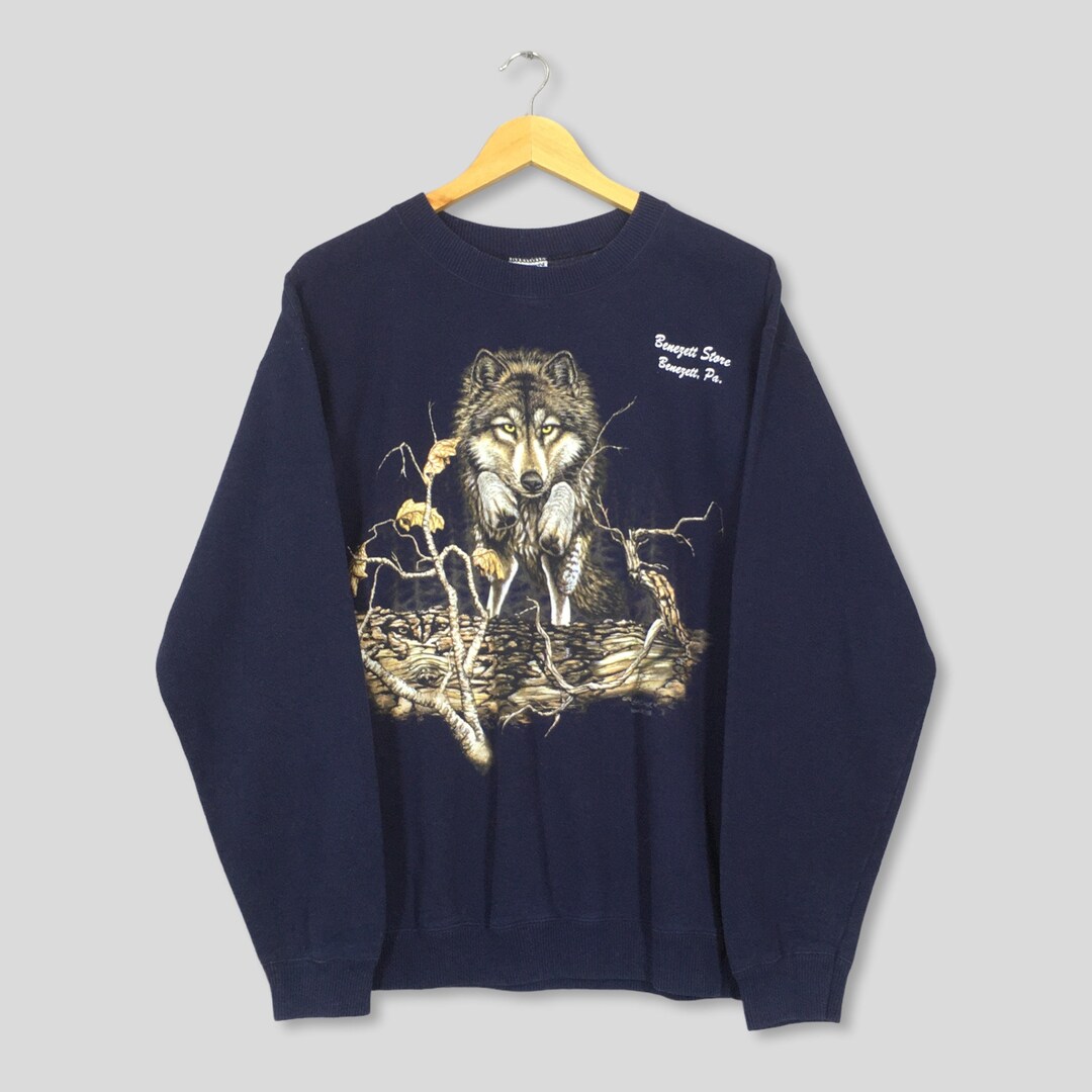 Vintage 90s Wolf Wild Animal Blue Sweatshirt Large Wolf Wildlife ...