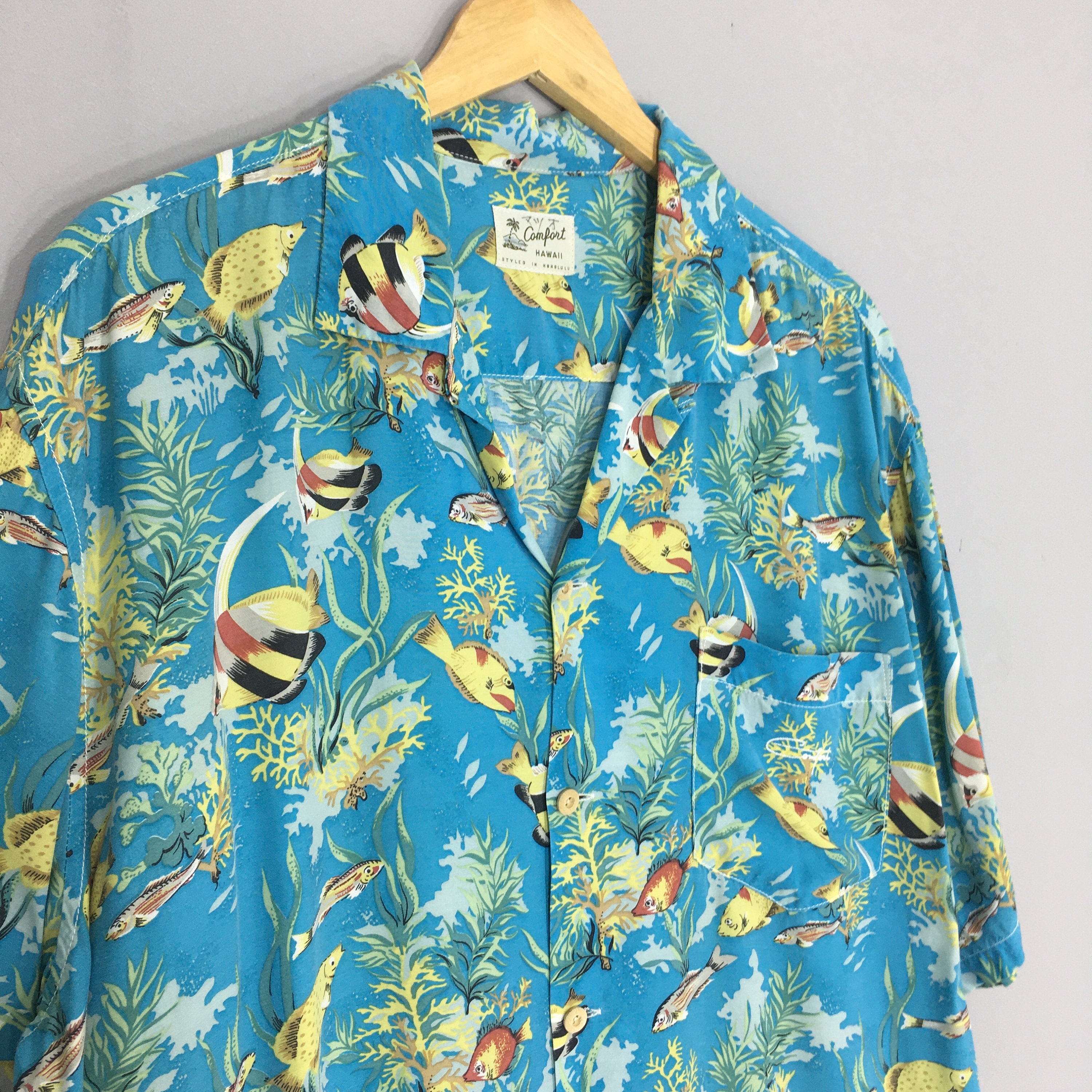 Vintage Aloha Hawaiian Japanese Fish Rayon Shirt Xlarge Hawaii Beach ...