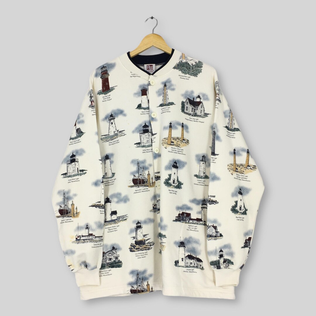 Vintage 90s Massachusetts Lighthouses Button Sweatshirt Xlarge Cape Cod ...