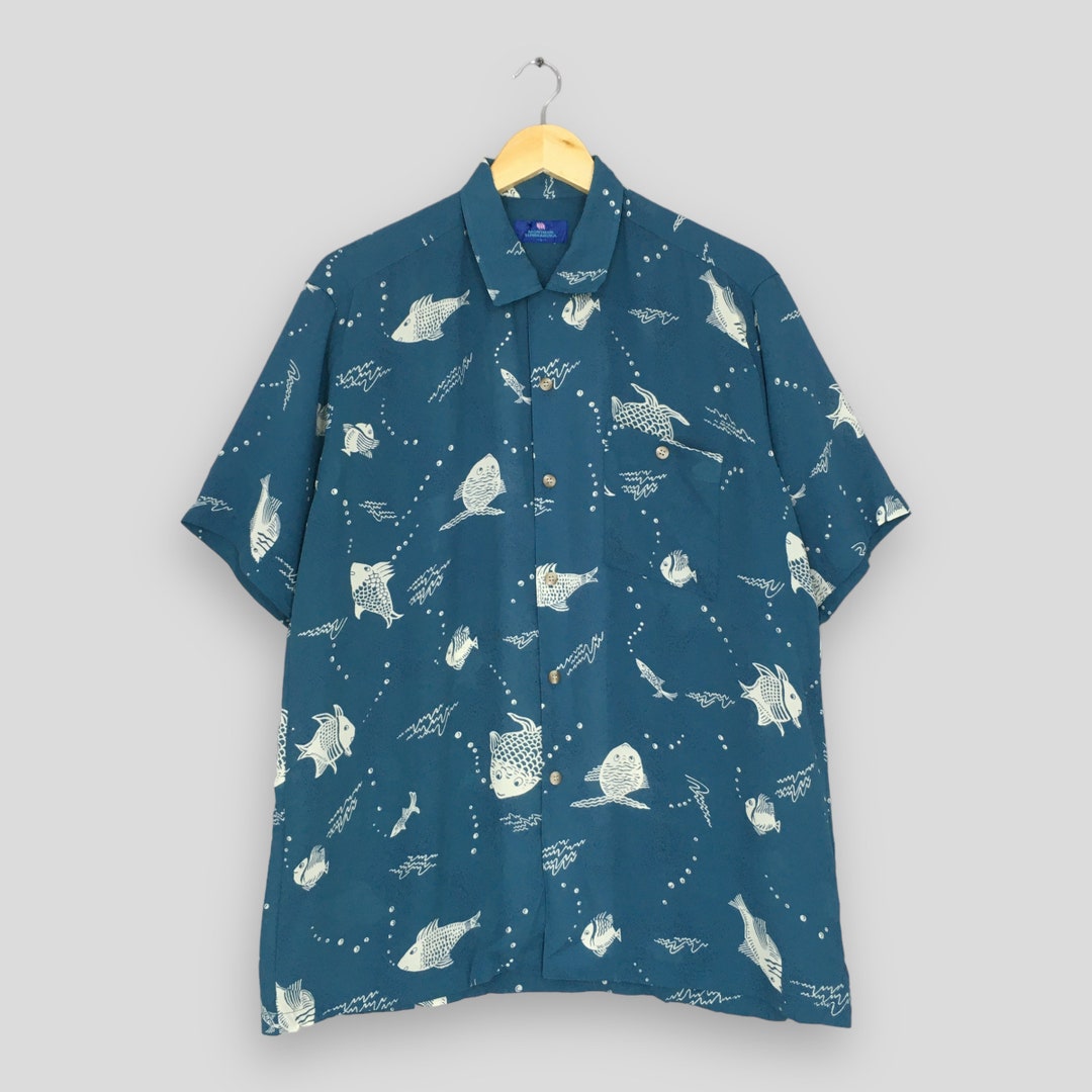 Vintage Fish Japanese Aloha Hawaiian Silk Shirt Large Hawaii Summer ...