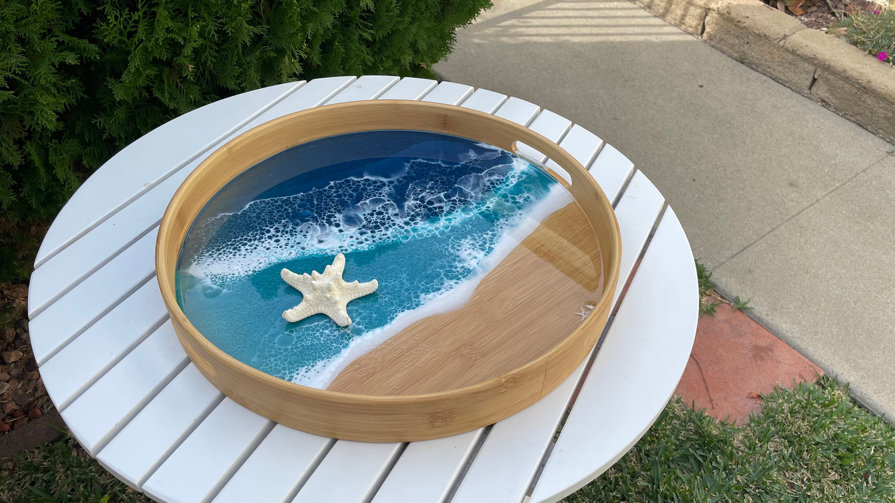 Wooden Round Ocean Tray, Resin Ocean Tray With Handles, Resin Ocean ...
