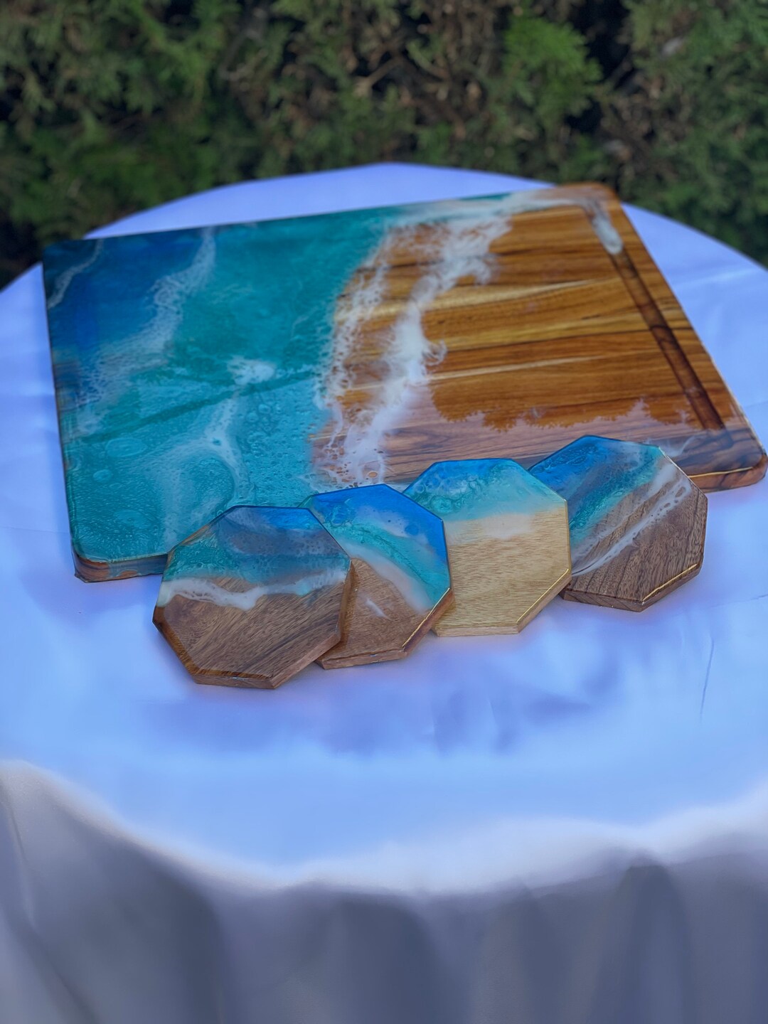 Wooden Ocean Serving Board With 4 Coasters, Resin Serving Board, Wooden ...
