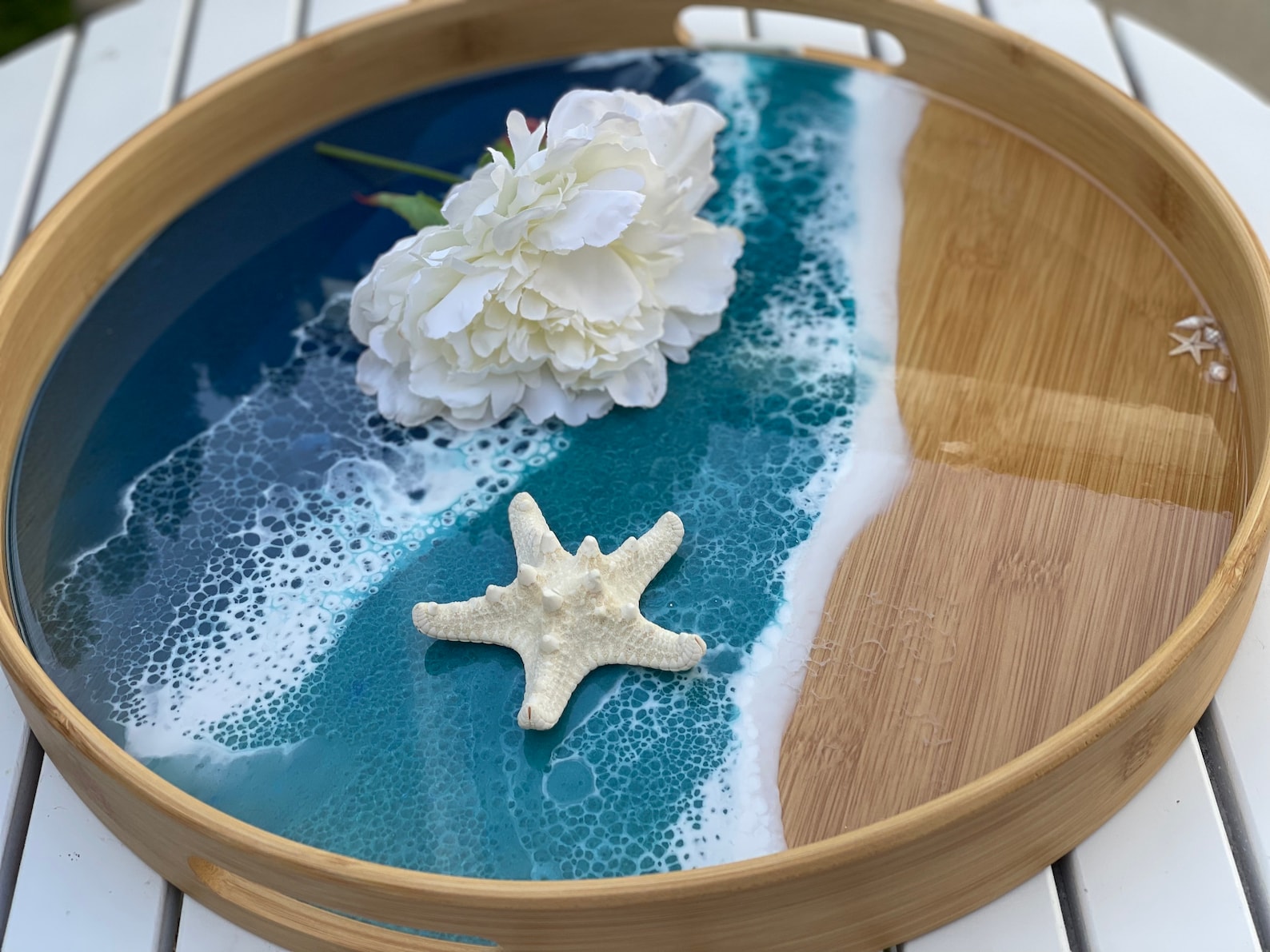 Wooden Round Ocean Tray, Resin Ocean Tray With Handles, Resin Ocean ...