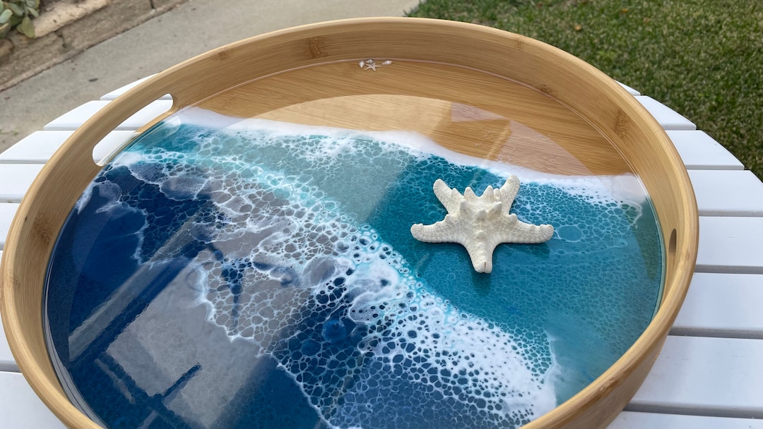 Wooden Round Ocean Tray, Resin Ocean Tray With Handles, Resin Ocean ...
