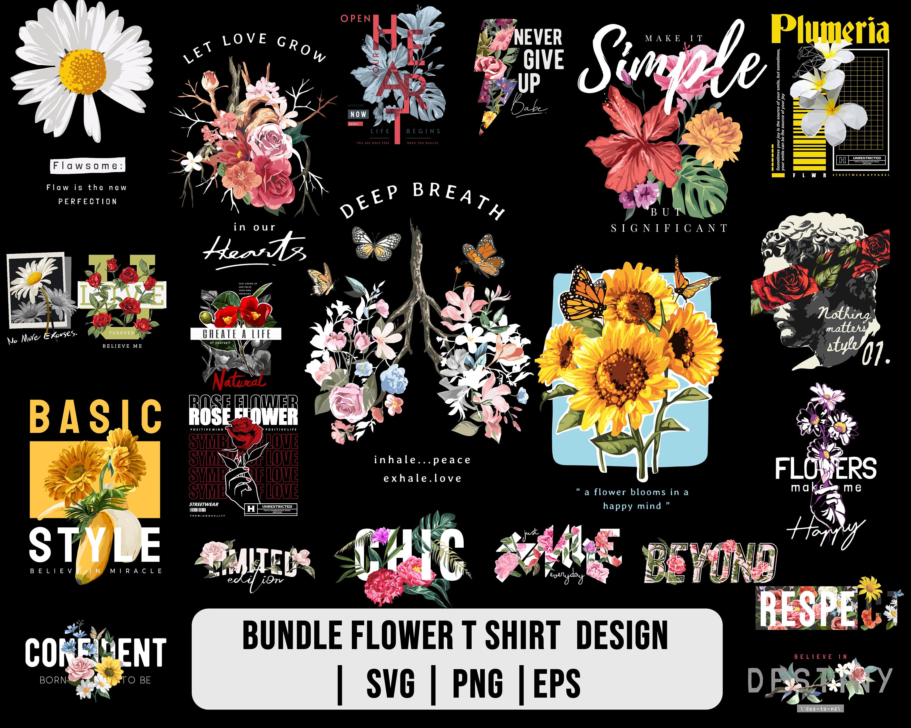 Flower Streetwear T-shirt Designs Bundle (SVG, PNG, EPS) - Etsy