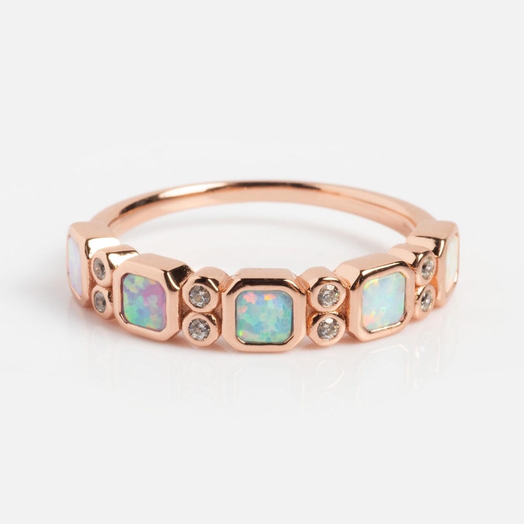 Vintage Square Cut Opal Wedding Ring 14k Solid Yellow Gold Engagement ...