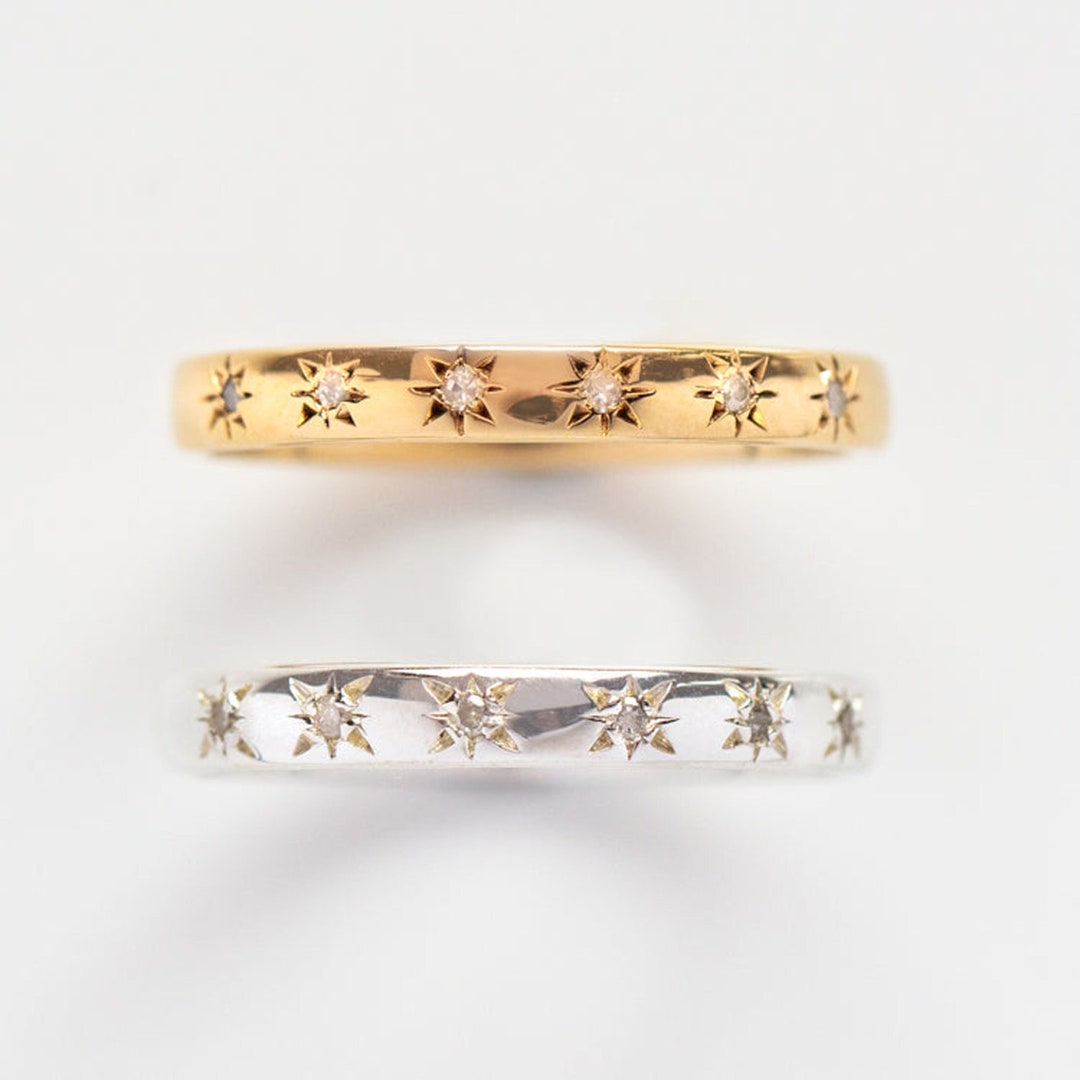 Diamond Starburst Wedding Band Ring 14k Solid Gold Dainty Star Setting ...