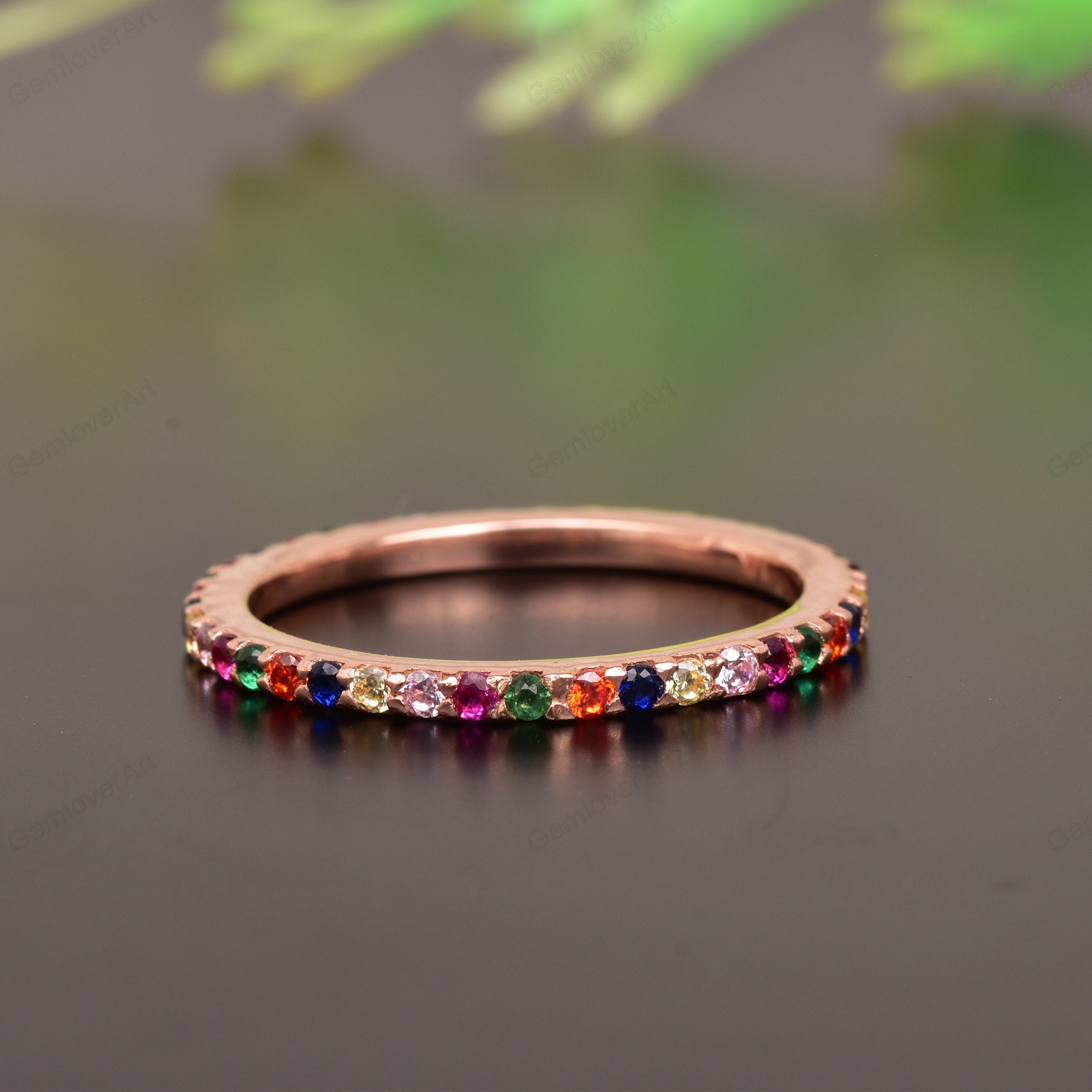 Rainbow Multi Sapphire Eternity Band 14K Gold Rainbow Sapphire Ring Thin Band with Multi Colour Sapphire Gemstone Ring Christmas Day Gift