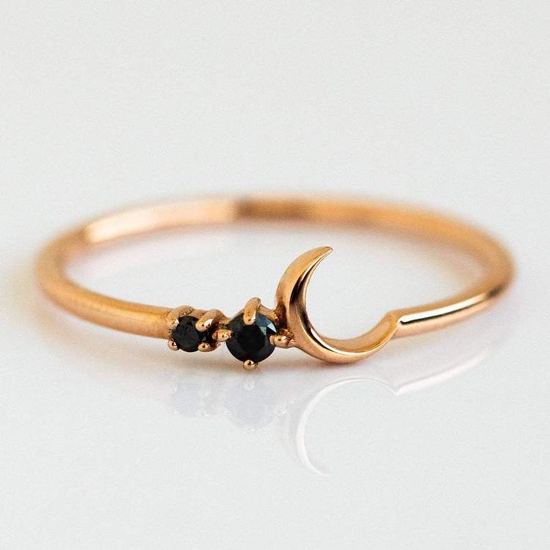 14K Gold Black Onyx Moon Ring Art Deco Rose Gold Black Gemstone Moon ...