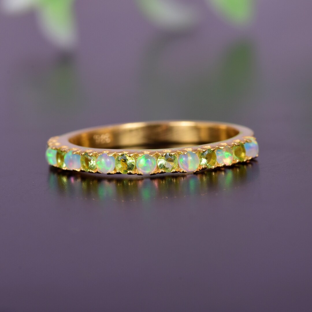 Natural Peridot and Opal Wedding Band Half Eternity Band 14k Yellow ...