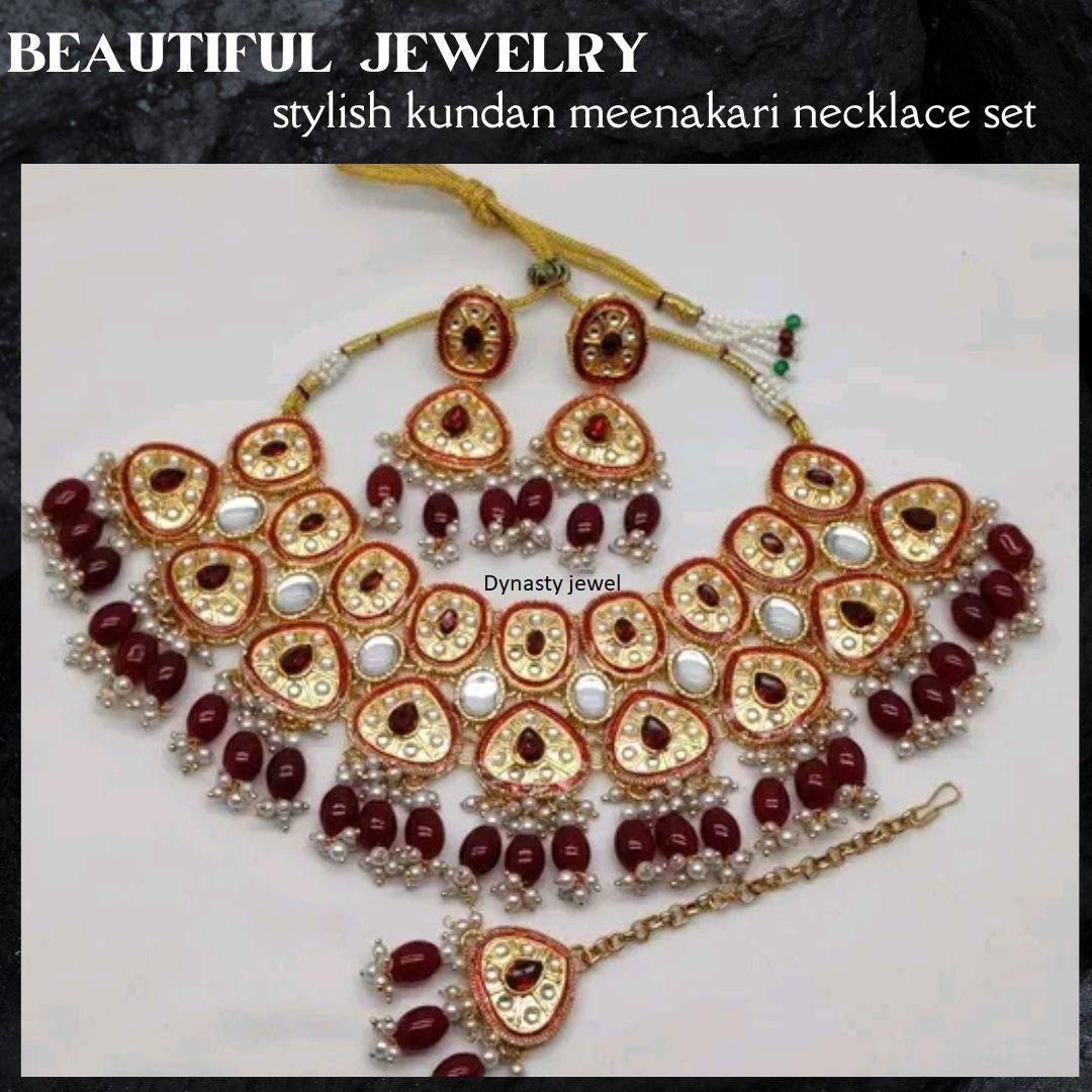 Beautiful Mahroon Jaipuri Jewelry Set/mangtikka Earing/statement Kundan ...