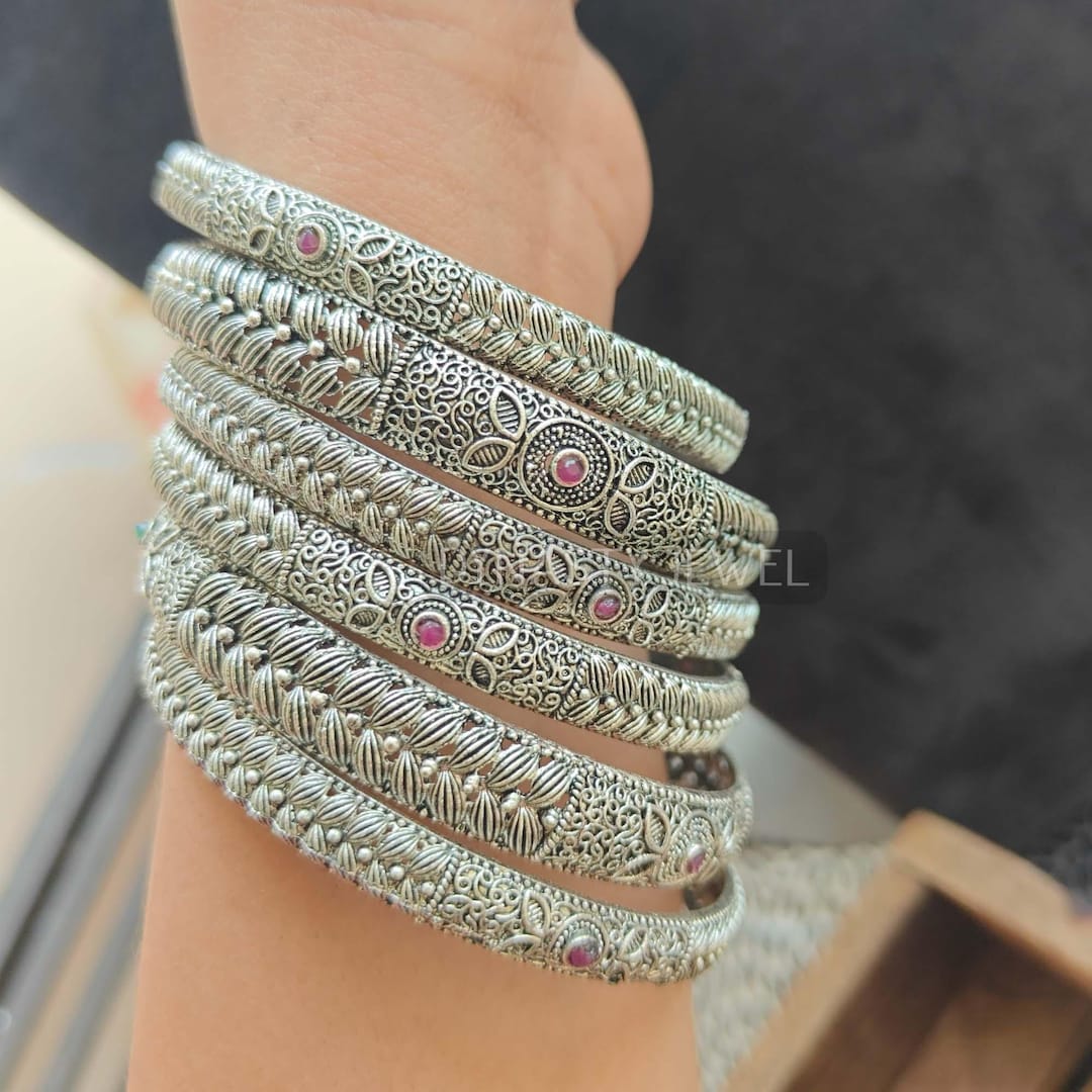 Silver Look Alike Bangles/oxidized Silver Bangle Set/antique Designer Silver Jewellery/silver ...