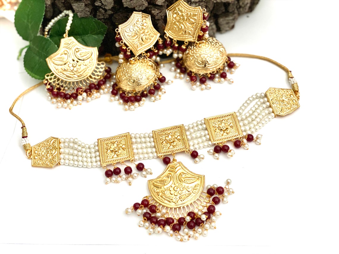 Punjabi Traditional Gold Plated Jewelry White Pearls and Pippal Patti ...