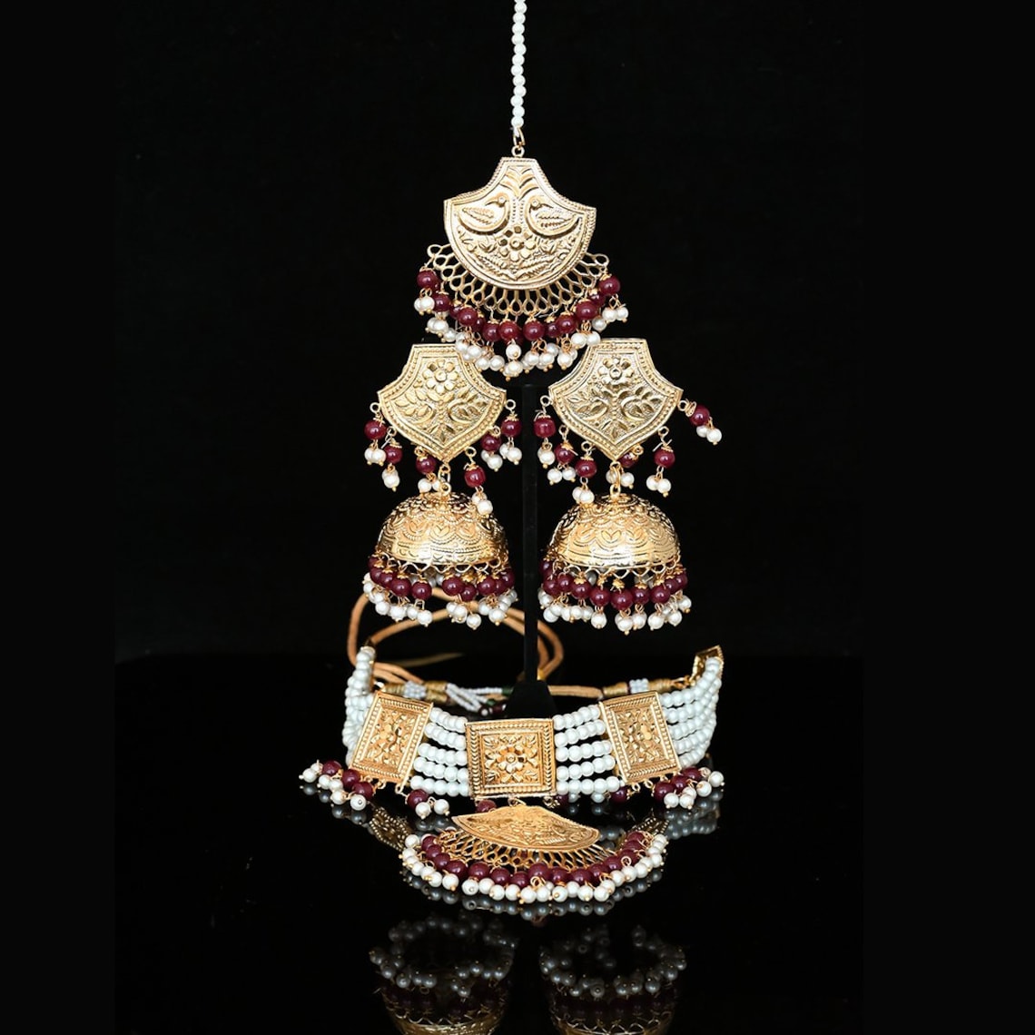 Punjabi Traditional Gold Plated Jewelry White Pearls and Pippal Patti ...