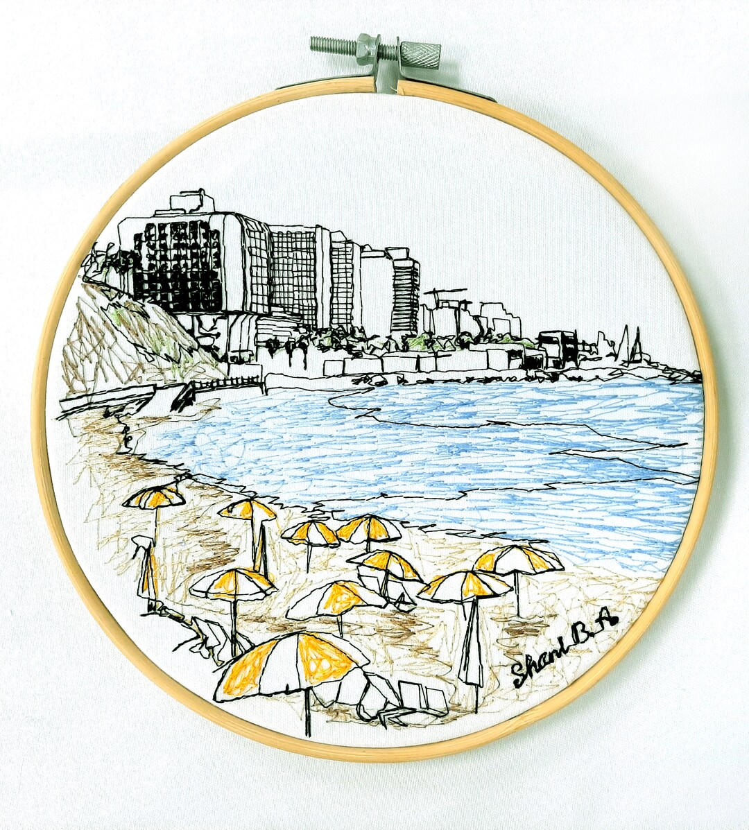 BEACH - 17cm/ 6.6" Embroidery on Cotton, Beach Art, Landscape ...
