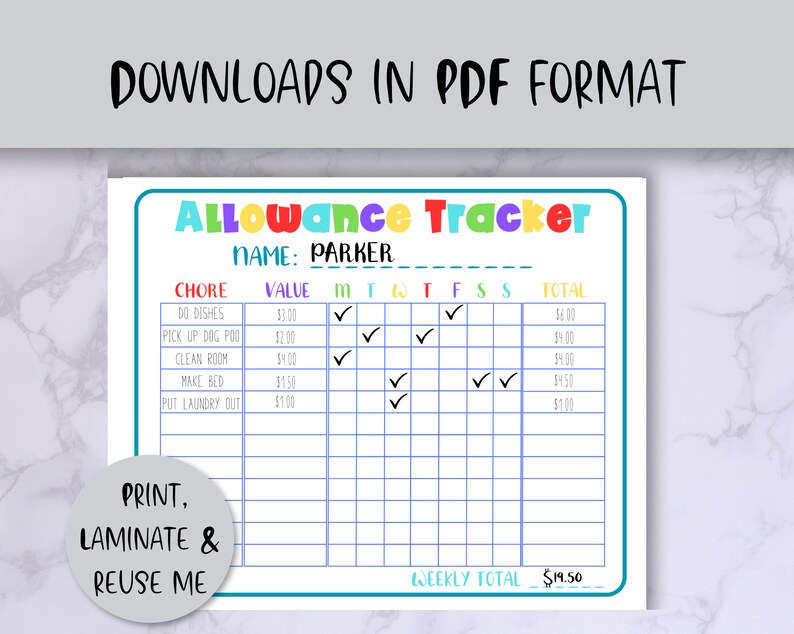 Printable Allowance Tracker | Chore Chart | Earn Pocket Money | Pocket ...
